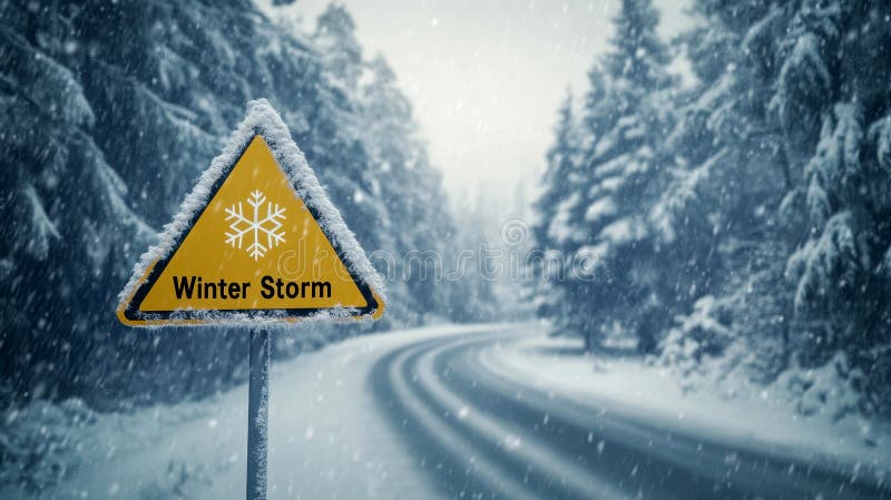 Winter Storm Warning Sign with Snowfall and Stormy Background. Stock ...
