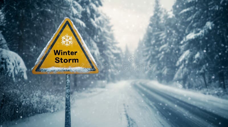 Winter Storm Warning Sign with Snowfall and Stormy Background. Stock ...