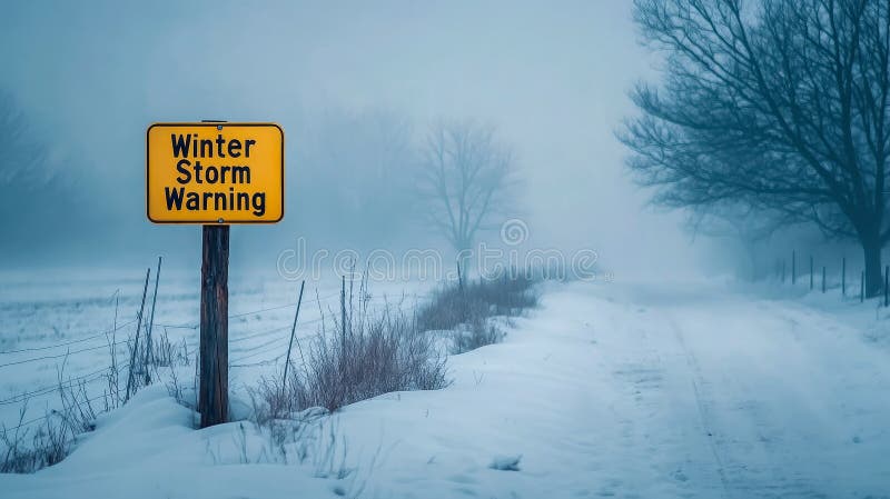 Winter Storm Warning Sign with Snowfall and Stormy Background. Stock ...