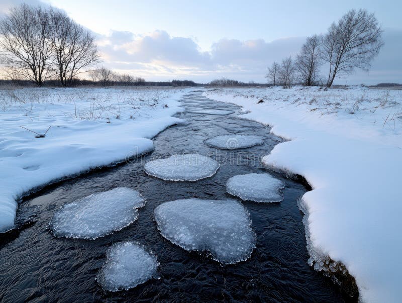 Winter Stream with Ice Floes Stock Illustration - Illustration of view ...