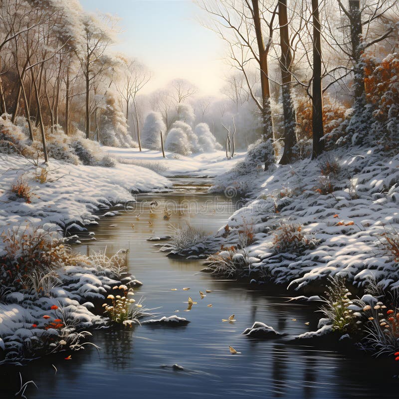 Winter Stream in a Snowy Forest Stock Illustration - Illustration of ...
