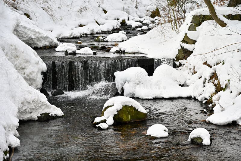 Winter Stream with Stones and Snow. a Beautiful Winter Concept for ...