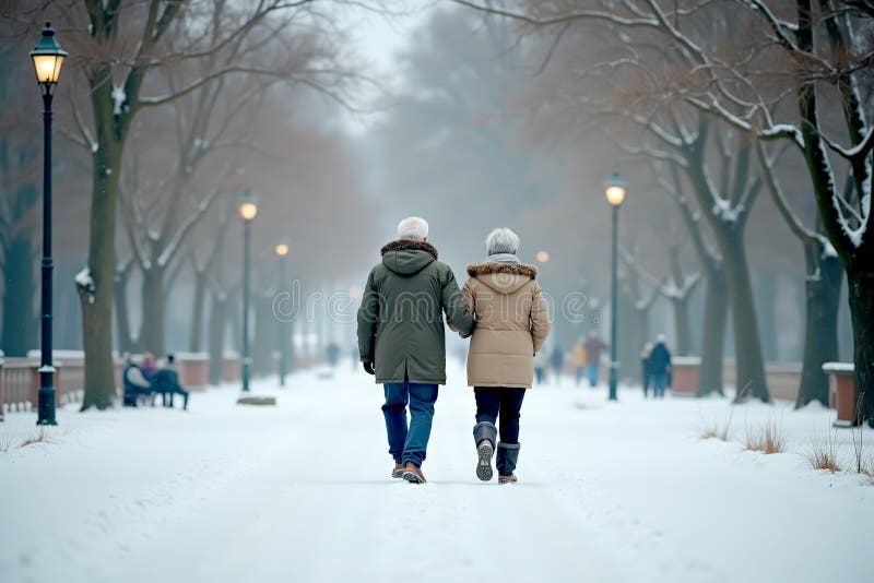 Winter Stroll Scene with Elderly Couple Walking on Snowy Path in Park ...