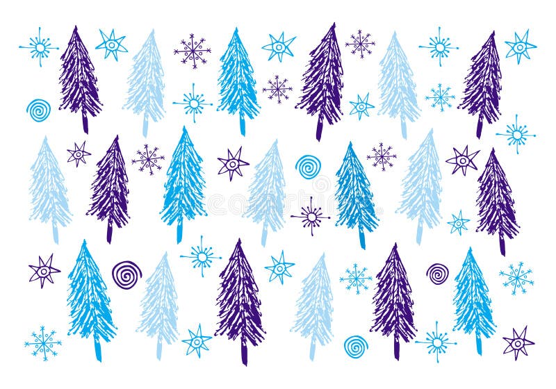Winter Stylized Background of Christmas Trees and Snowflakes. Vector ...