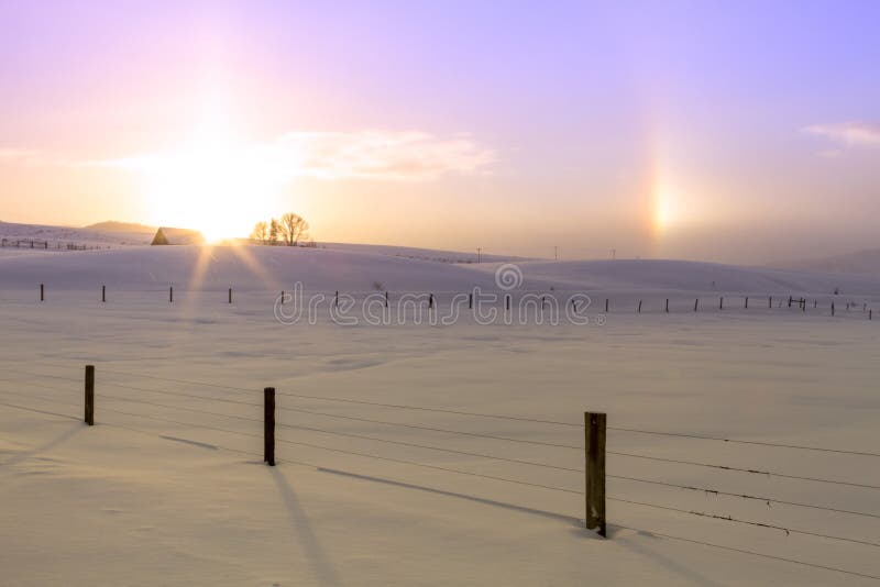 Winter Sun Dog Sunrise stock image. Image of shaft, winter - 37760545