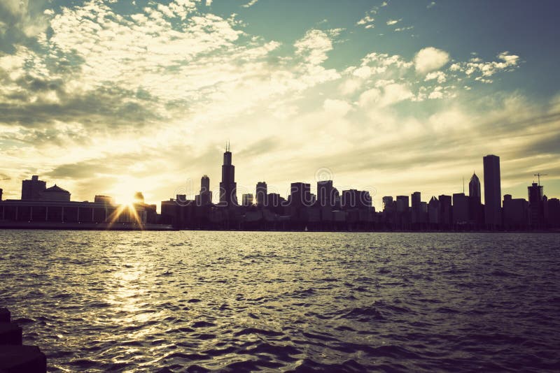 Winter Sun Setting Over the Skyline of Chicago Stock Image - Image of ...