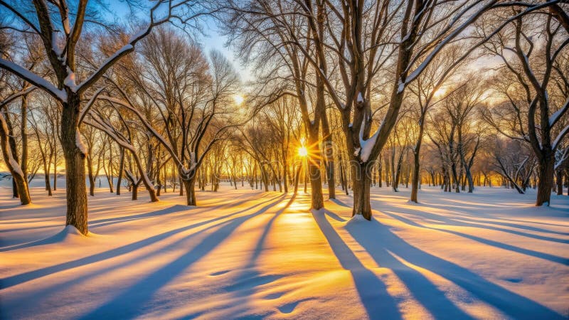 Winter Sunrise Illuminates Snowy Grove with Long Shadows. Generative AI ...