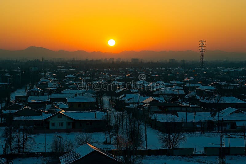 A Winter Sunrise Over a Village and Mountains, Captured through a Train ...