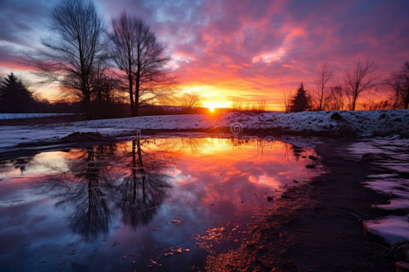 Winter Sunrise Reflected in a Frozen Pond Stock Illustration ...
