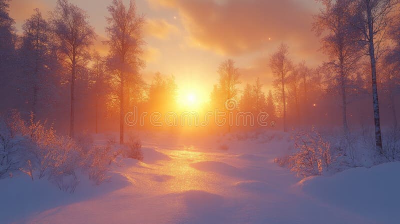 Winter Sunrise in Snowy Forest Path Blurs Stock Illustration ...