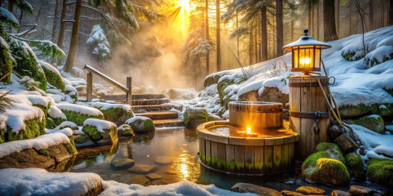 Winter Sunrise at a Tranquil Forest Hot Spring with Wooden Tubs and ...