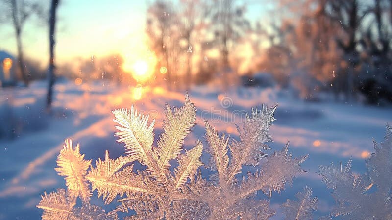 Winter Sunrise is Visible through a Window Pane that is Frosted and Has ...