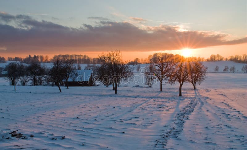 Pathway in winter evening stock image. Image of snow - 59626219