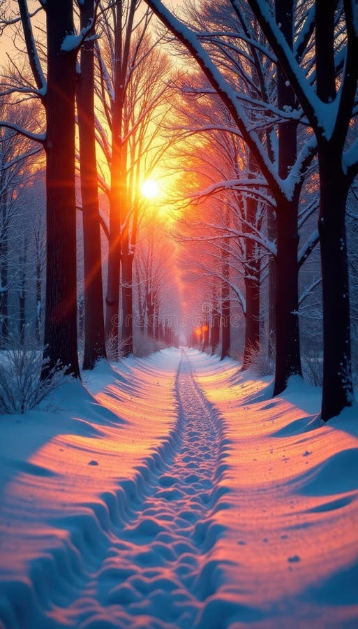 Winter Sunset Casts Long Shadows through Bare, Snow Dusted Trees ...