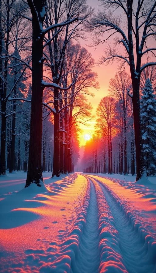 Winter Sunset Casts Long Shadows through Bare, Snow Dusted Trees ...