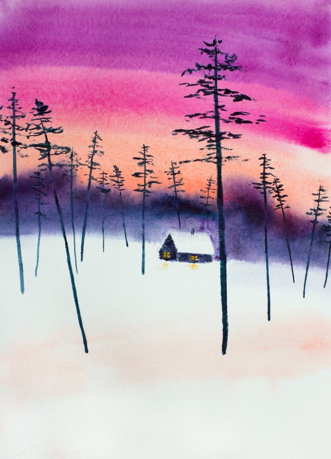 Winter Sunset Crayon Drawing Stock Illustration - Illustration of ...