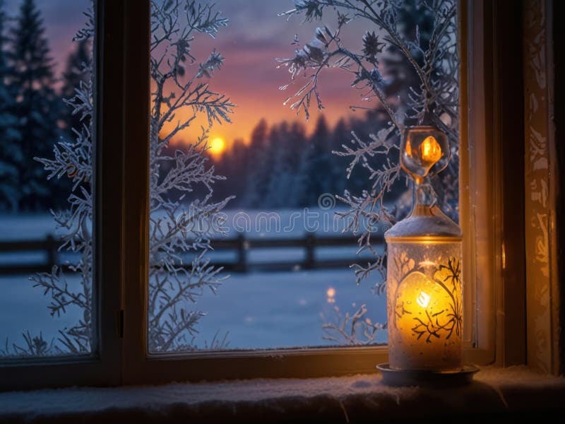 Winter Sunset, Frosty Window, Candlelight Glow Stock Image - Image of ...