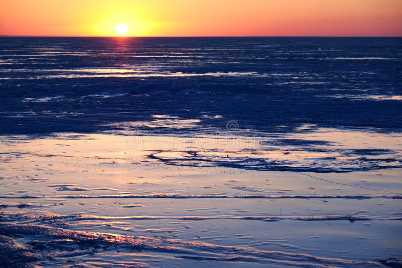 Winter Sunset on the Ice of Lake Stock Image - Image of travel, freeze ...