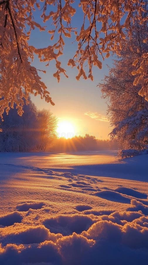 Winter Sunset Illuminates Snow-Covered Landscape with Golden Rays ...
