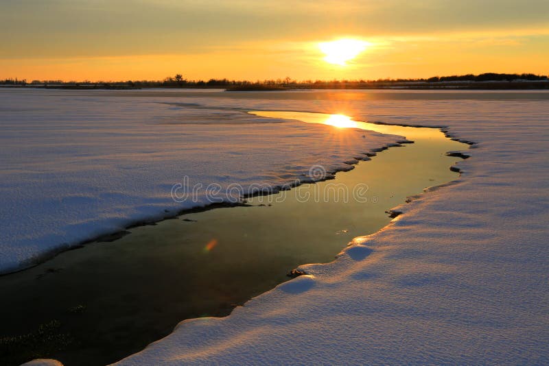 Winter Sunset Over Small River in Steppe Stock Image - Image of frozen ...