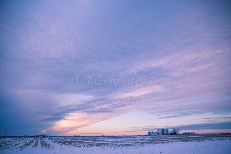 Winter Sunset Over Snowy American Corn Fields in Winter with Cloudy Sky. Stock Image - Image of ...
