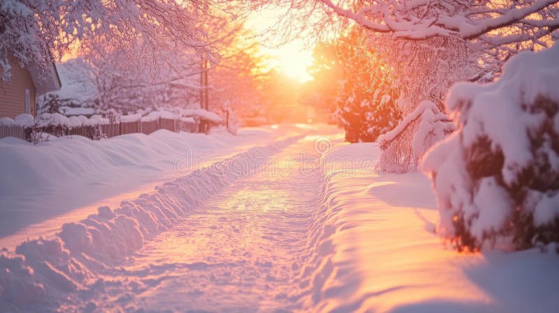 Winter Sunset Path Glows Warmly Stock Illustration - Illustration of ...