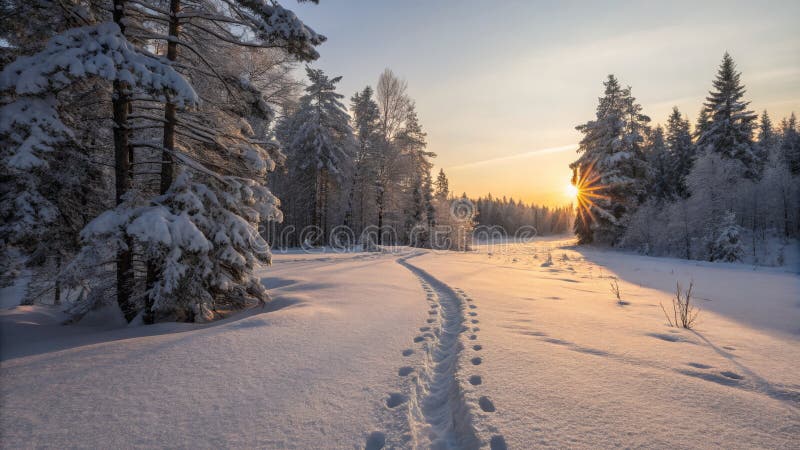 Winter Sunset Path Snow-Covered Forest, Footprints Stock Illustration ...