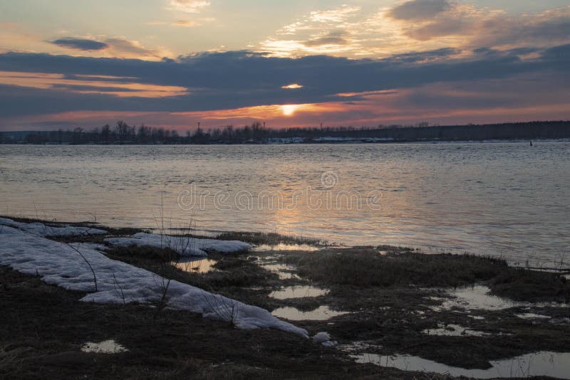 Winter Sunset on the River Bank Stock Image - Image of covered, sunset ...