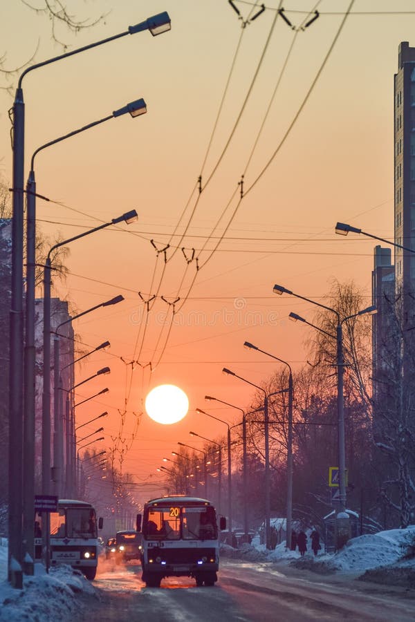 Winter Sunset stock image. Image of city, trolley, siberia - 70008719