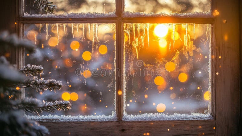 Winter Sunset View through Frosty Window Pane Stock Illustration ...