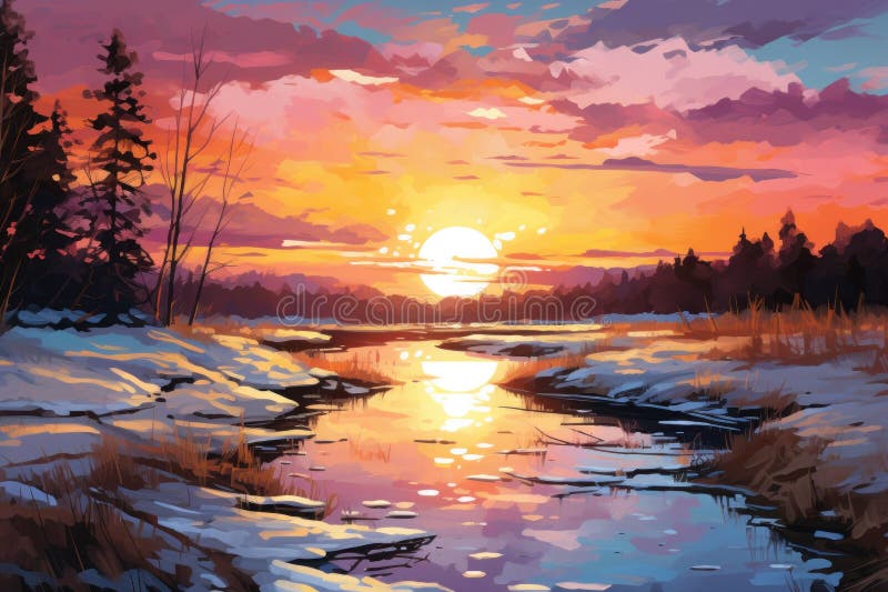 Winter Sunsets and Sunrises - Generative AI Stock Illustration ...