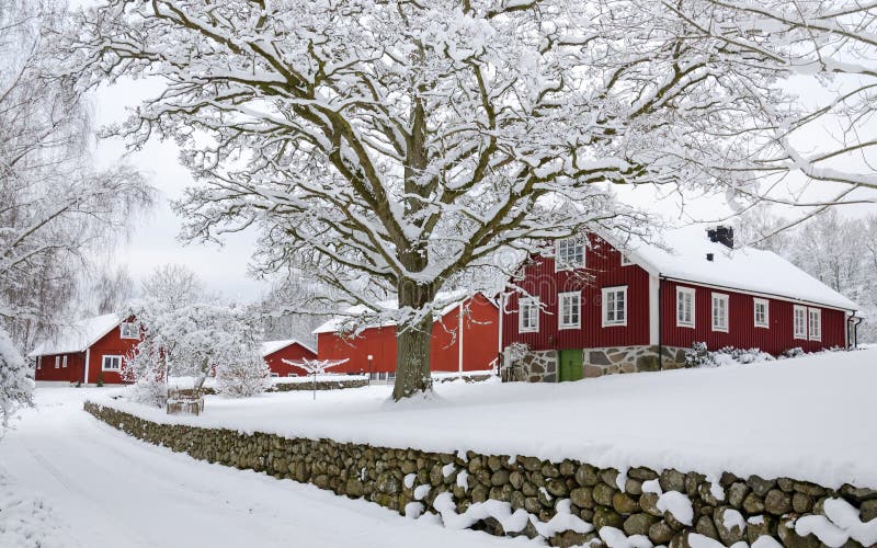 Winter in Swedish village stock image. Image of cottage - 28162759