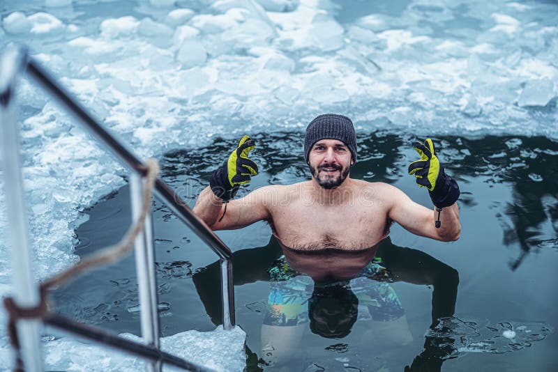 Winter Swimming. Man in an Ice-hole. Stock Image - Image of adult ...