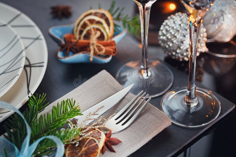 Winter Table Setting with Christmas Decoration Stock Photo - Image of ...