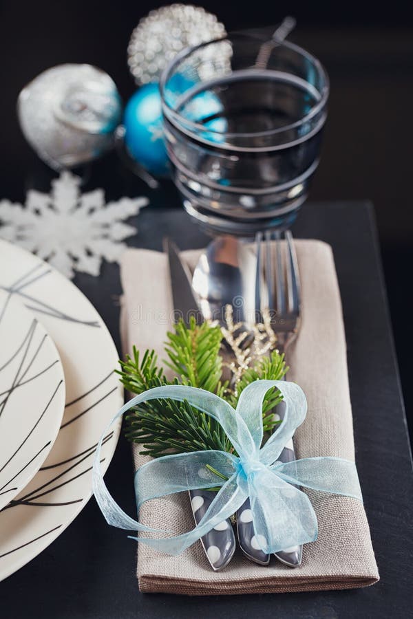 Winter Table Setting with Christmas Decoration Stock Photo - Image of ...