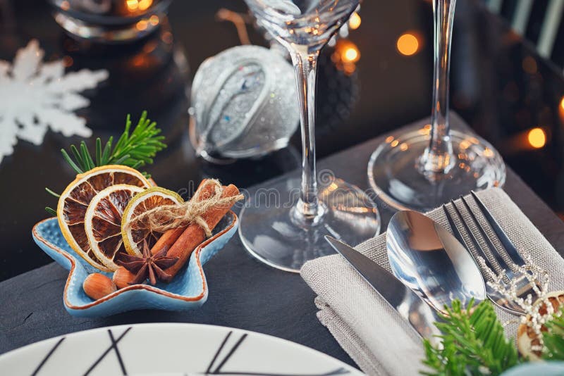 Winter Table Setting with Christmas Decoration Stock Photo - Image of ...