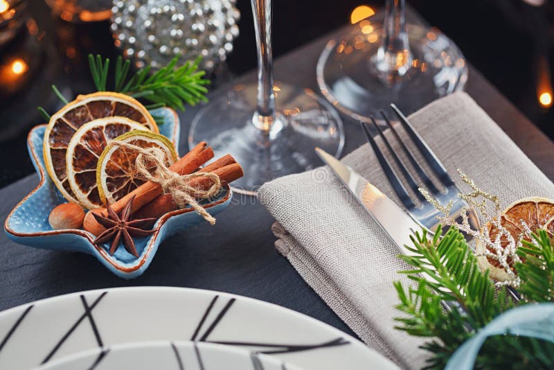 Winter Table Setting with Christmas Decoration Stock Image - Image of ...