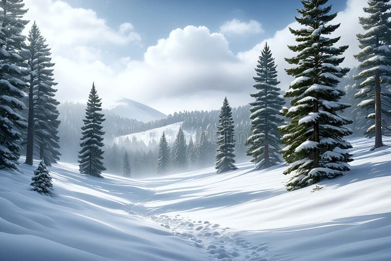 Winter Tails through Forest with Snow and Large Trees Covered in Snow ...