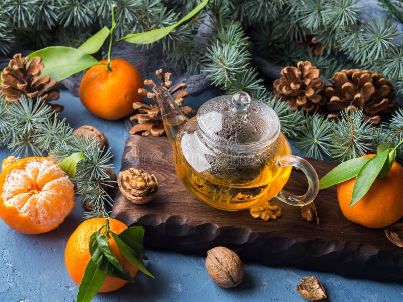 Winter tea and tangerines stock photo. Image of christmas - 107733954