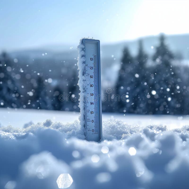 Winter Temperature Thermometer in Falling Snow Outdoors, with Space for ...