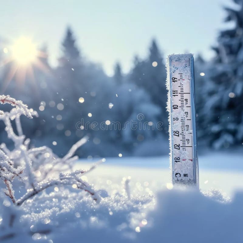 Winter Temperature Thermometer in Falling Snow Outdoors, with Space for ...