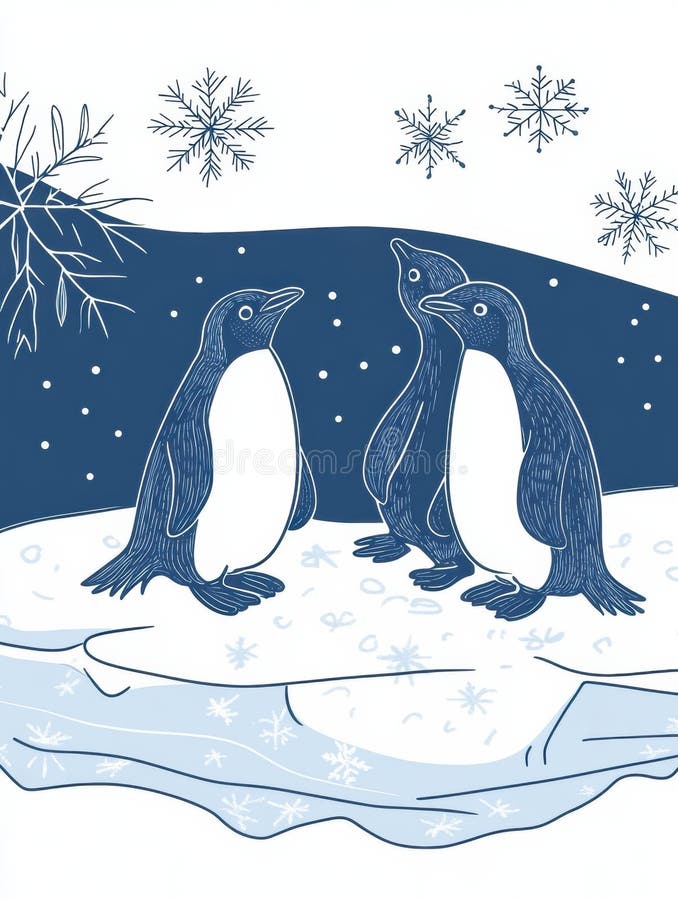 Winter Themed Doodle Featuring Three Penguins Gathered on an Icy ...