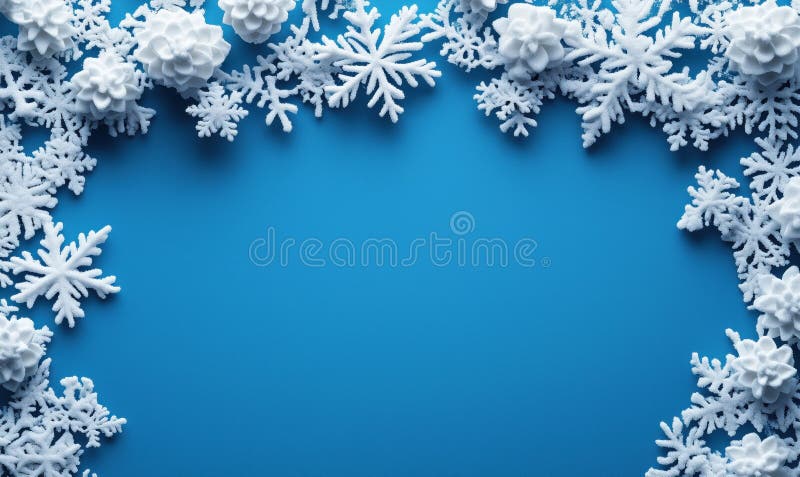 Winter-themed Frame with White Snowflakes and Flowers on Blue ...
