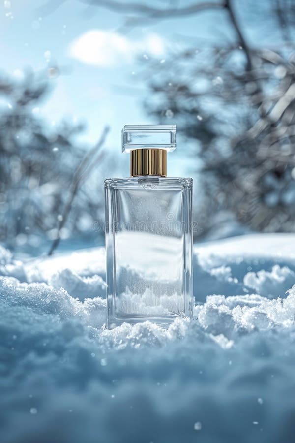 Winter-Themed Perfume Bottle in Snow with Bokeh Background Stock Image ...