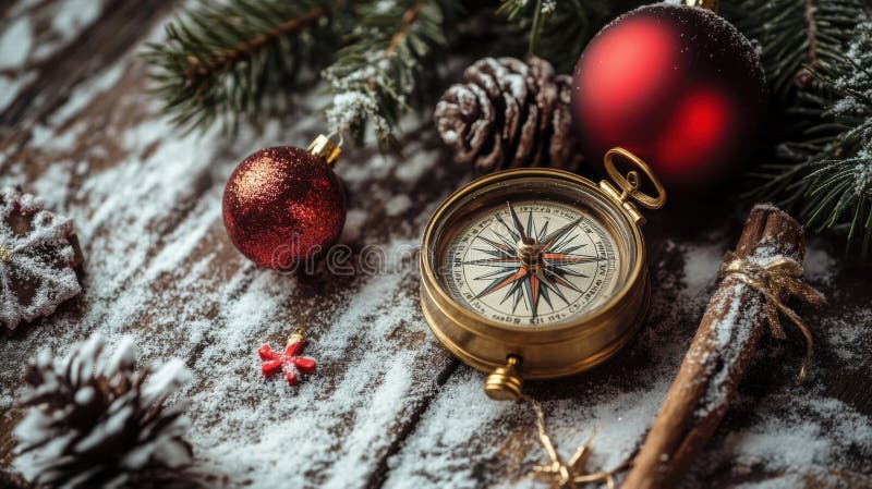 Winter-themed Still Life with a Compass among Holiday Decorations Stock ...