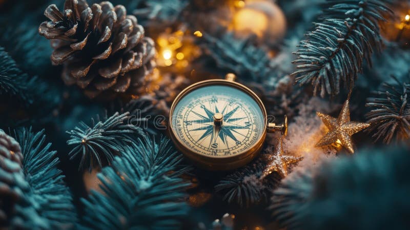Winter-themed Still Life with a Compass among Holiday Decorations Stock ...