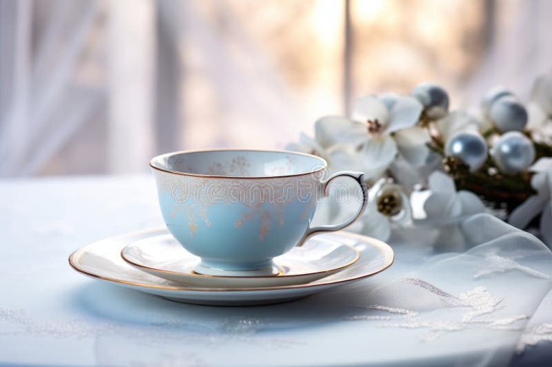 Winter Themed Tea Party Setup with Snowflake Patterned Teacups and ...