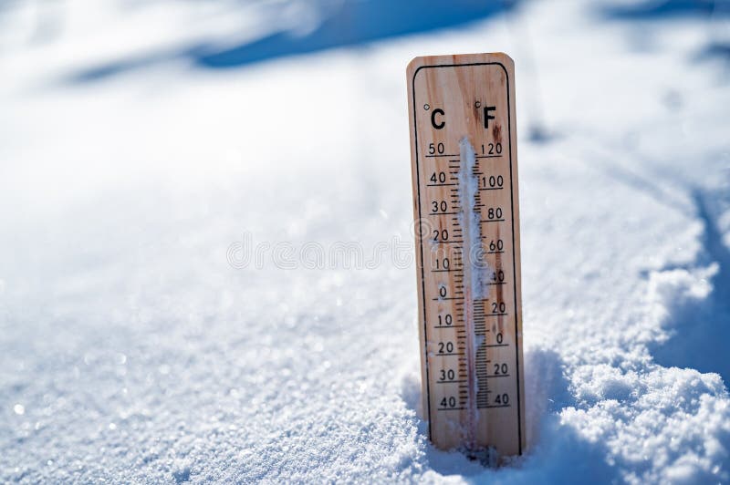 Winter Time. Thermometer on Snow Shows Low Temperatures in Celsius ...