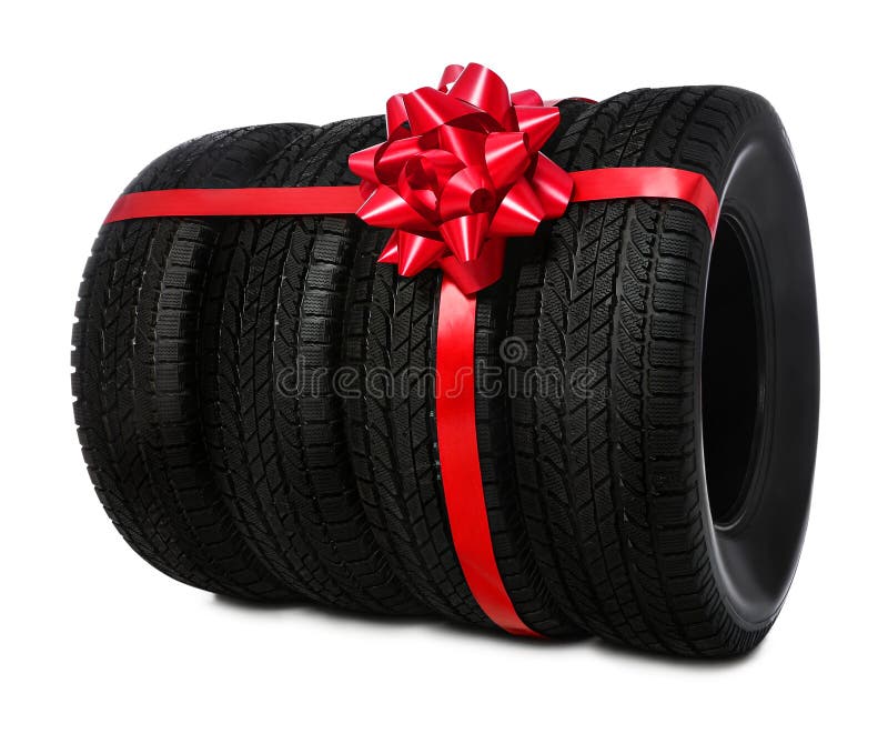 Winter Tires with Red Ribbon on White Background Stock Photo - Image of ...