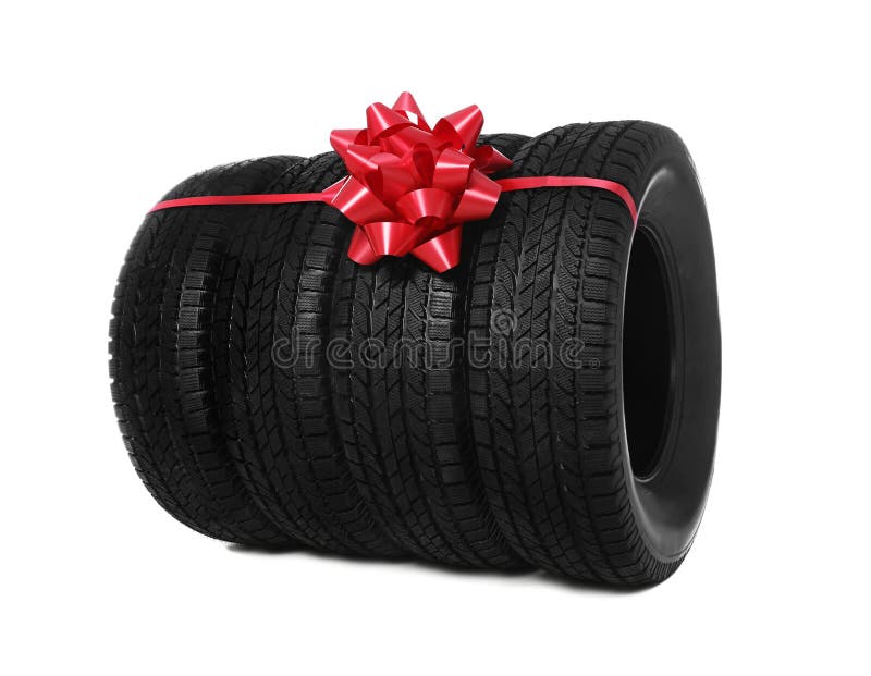 Winter Tires with Red Ribbon on White Background Stock Image - Image of ...